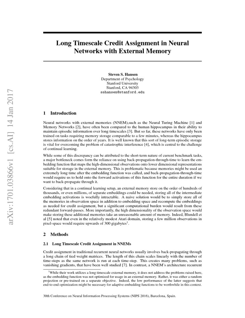 Long Timescale Credit Assignment In Neuralnetworks With External Memory