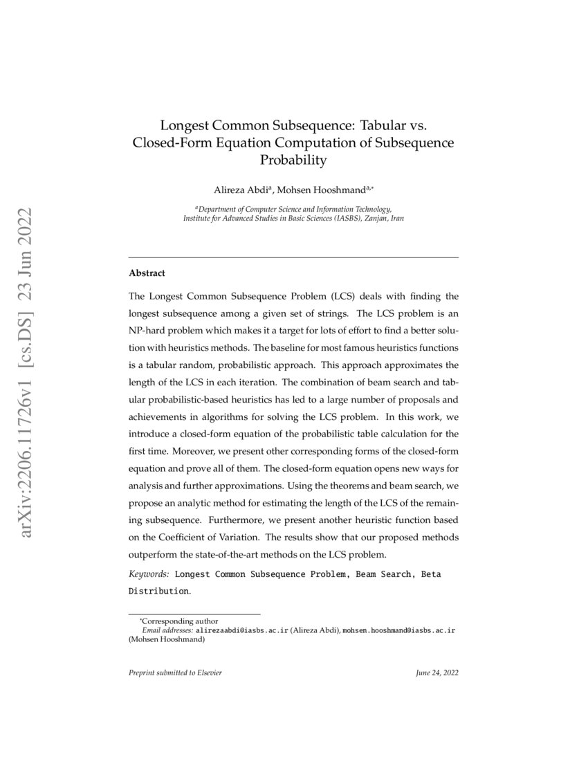Longest Common Subsequence Tabular Vs Closed Form Equation Computation Of Subsequence