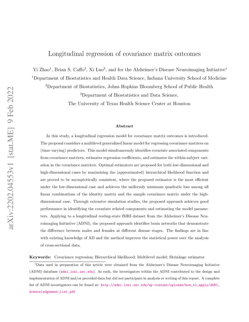 Longitudinal regression of covariance matrix outcomes | DeepAI