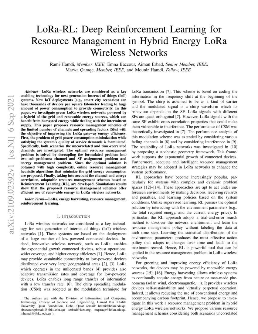 LoRa-RL: Deep Reinforcement Learning for Resource Management in Hybrid Energy LoRa Wireless ...
