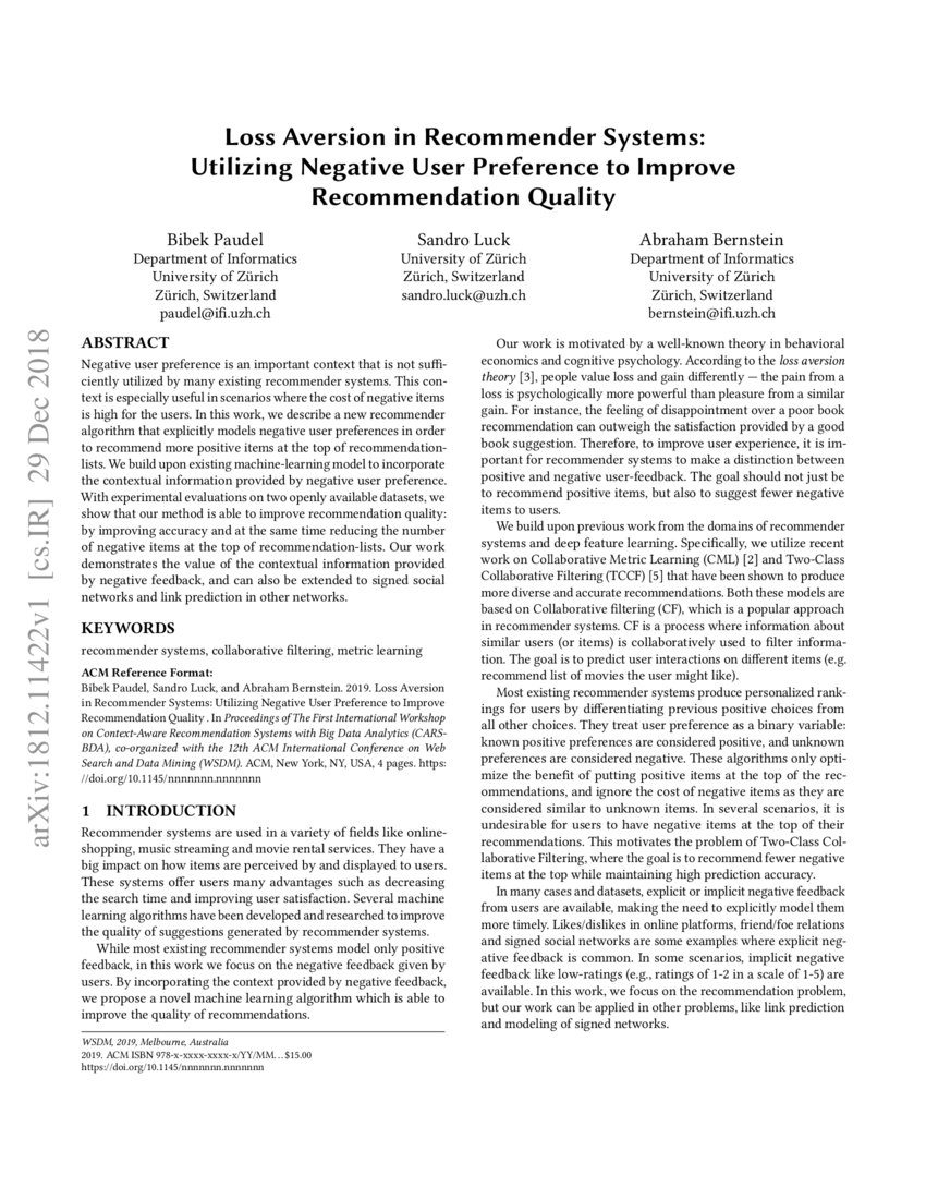 Loss Aversion in Recommender Systems: Utilizing Negative User ...
