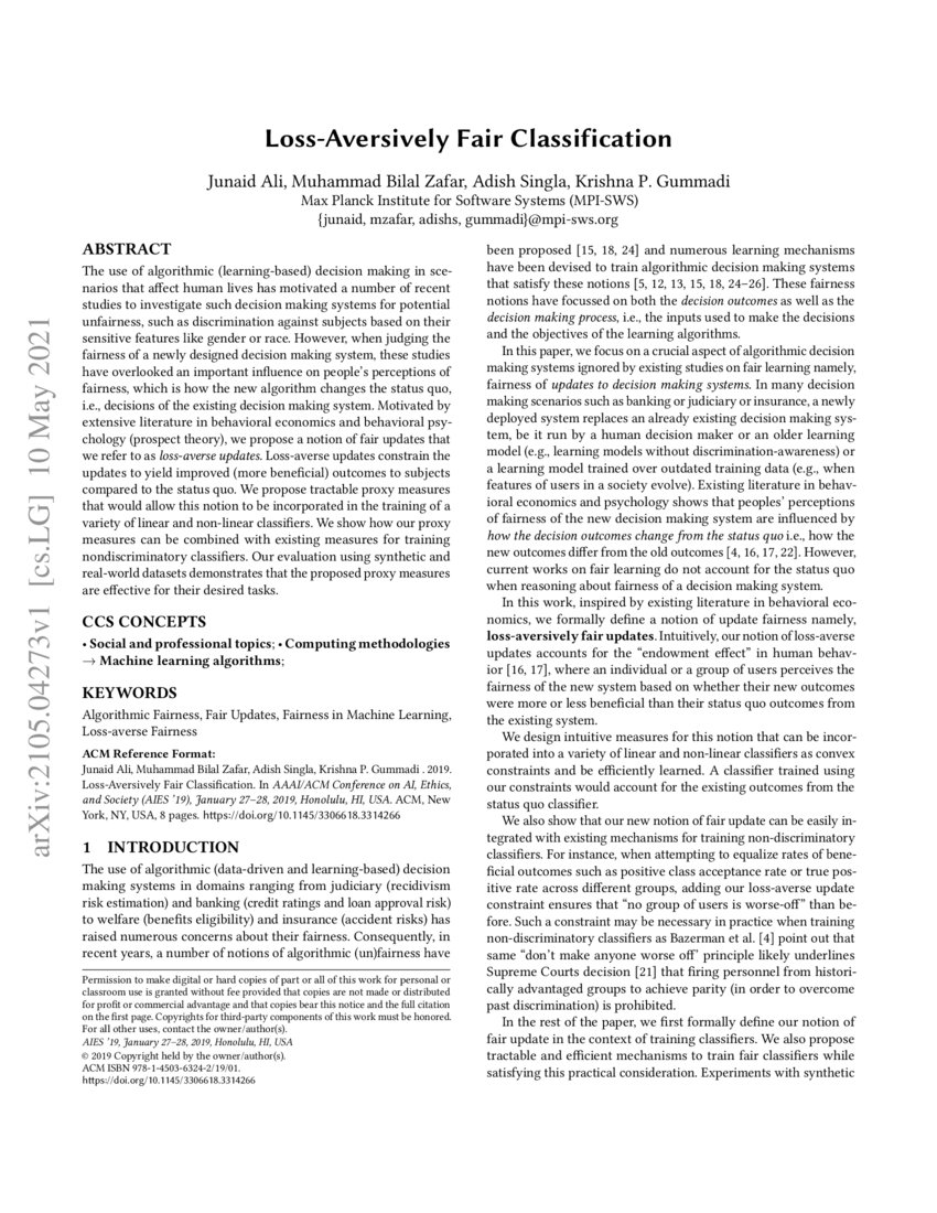 Loss-Aversively Fair Classification | DeepAI