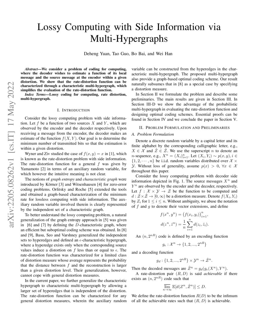 Lossy Computing with Side Information via Multi-Hypergraphs | DeepAI