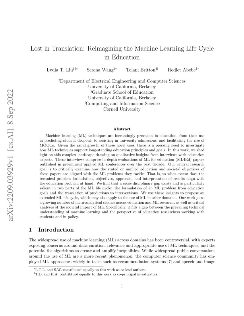 Lost in Translation: Reimagining the Machine Learning Life Cycle in Education | DeepAI