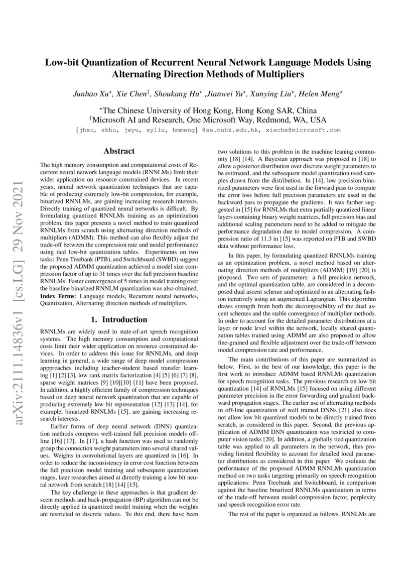 Low Bit Quantization Of Recurrent Neural Network Language Models Using Alternating Direction