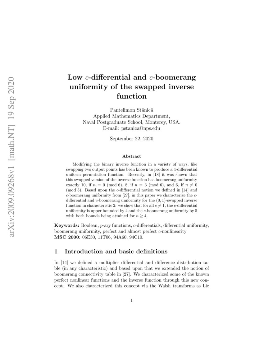 Low c-differential and c-boomerang uniformity of the swapped inverse function | DeepAI