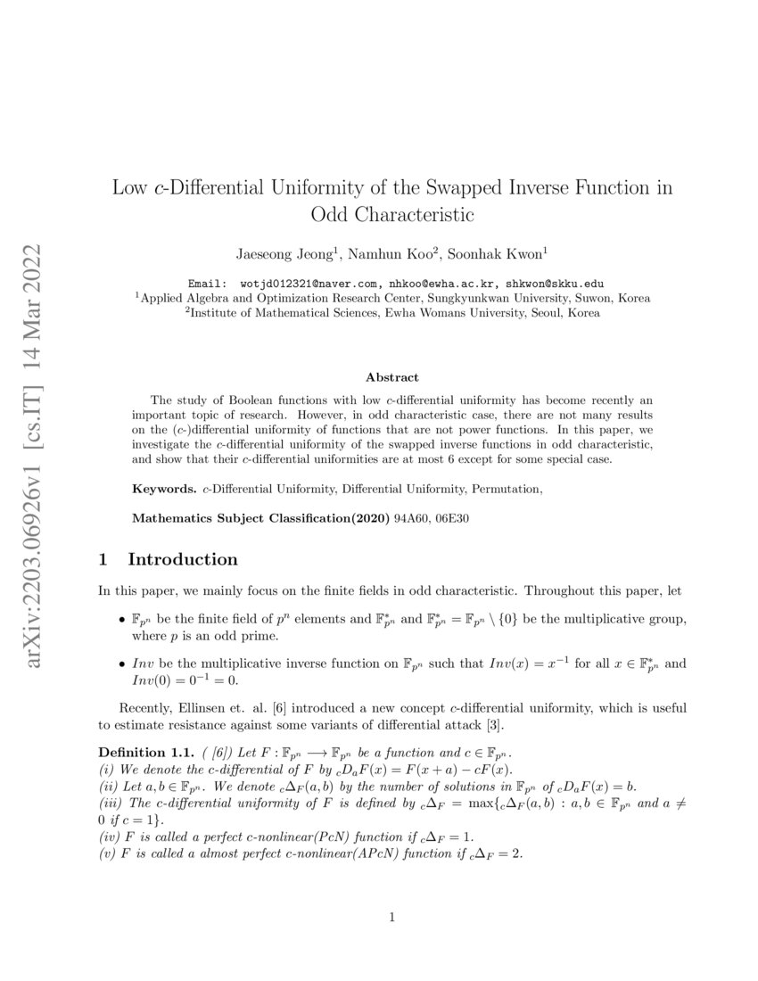 Low c-Differential Uniformity of the Swapped Inverse Function in Odd Characteristic | DeepAI