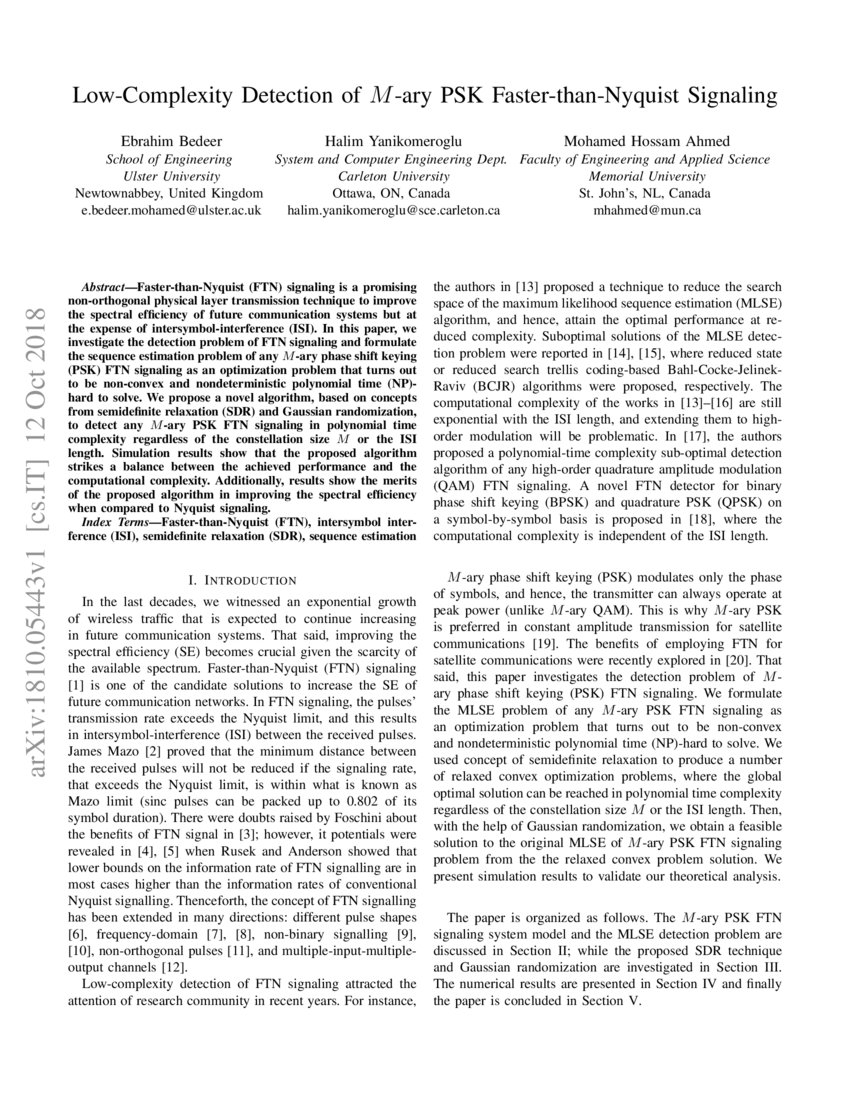 Low Complexity Detection Of M Ary Psk Faster Than Nyquist Signaling Deepai