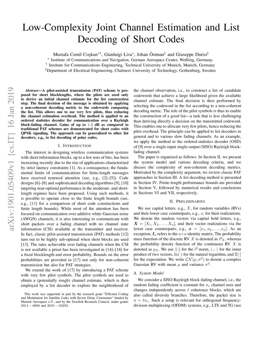 Low Complexity Joint Channel Estimation And List Decoding Of Short Low Complexity Joint Channel Estimation And List Decoding Of Short