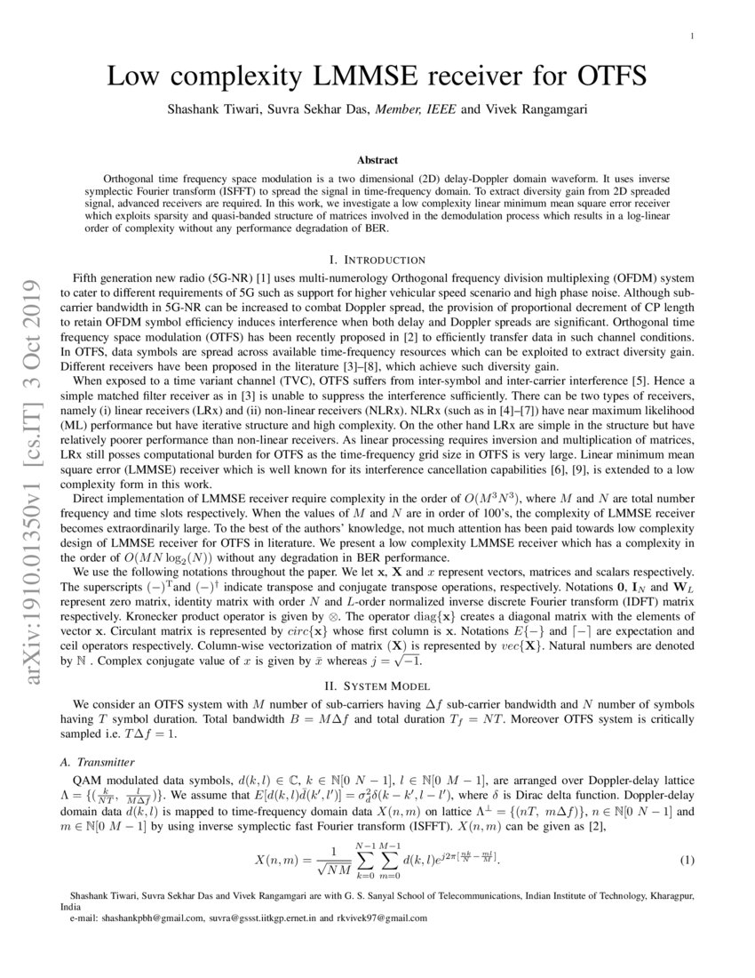 Low Complexity LMMSE Receiver for OTFS | DeepAI