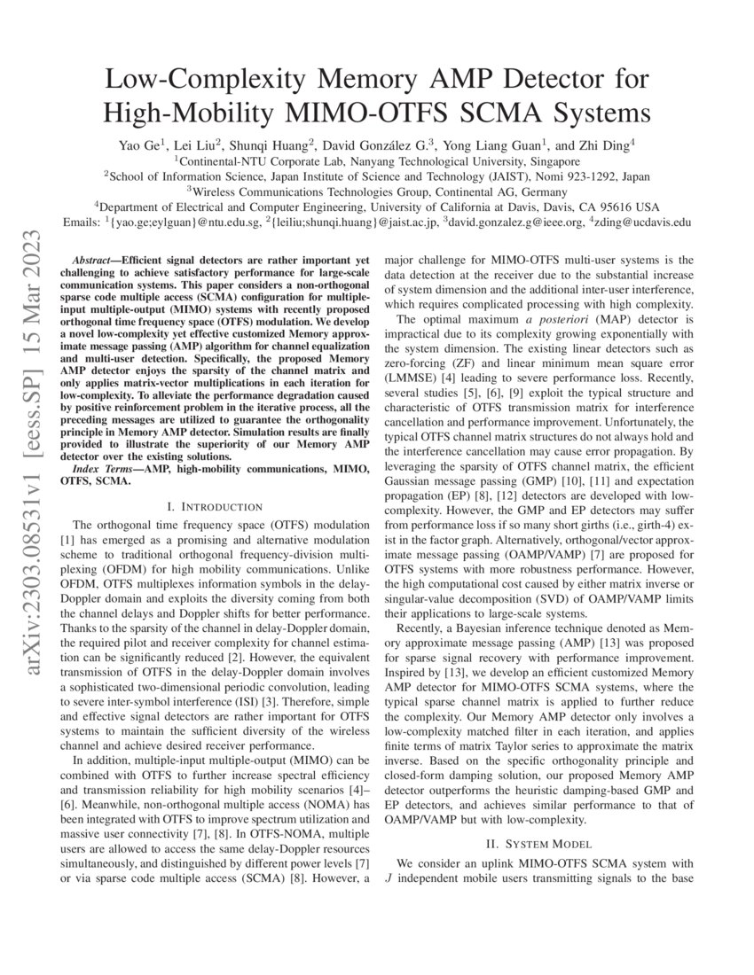 Low Complexity Memory Amp Detector For High Mobility Mimo Otfs Scma Systems Deepai