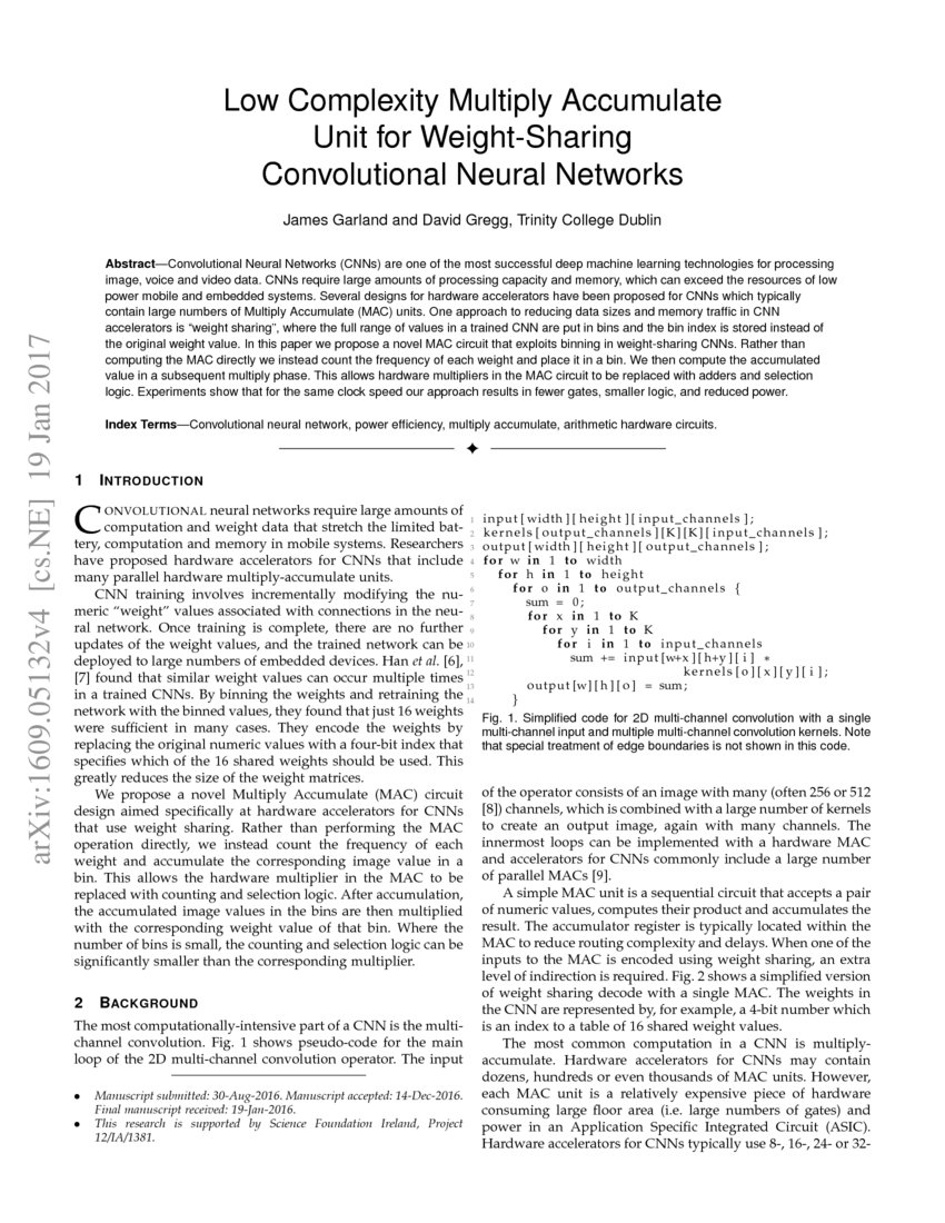 Low Complexity Multiply Accumulate Unit for Weight-Sharing Convolutional Neural Networks | DeepAI