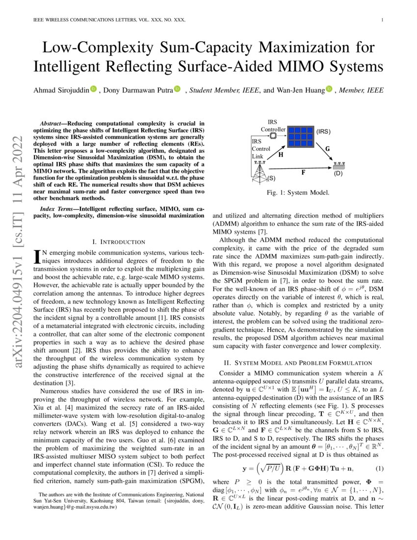 Low Complexity Sum Capacity Maximization For Intelligent Reflecting Surface Aided Mimo Systems