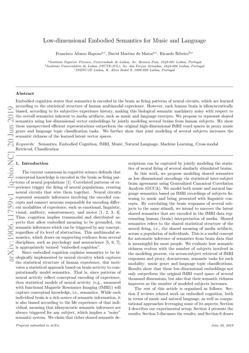 Low-dimensional Embodied Semantics for Music and Language | DeepAI