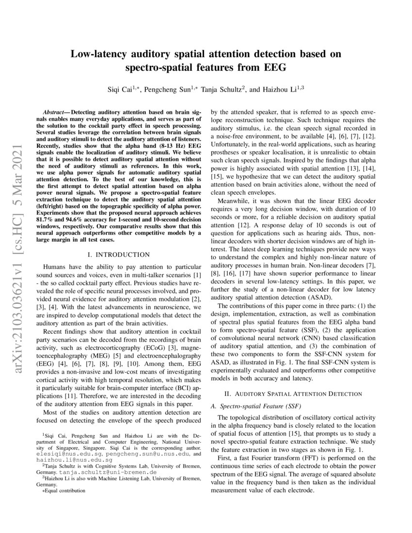 Low Latency Auditory Spatial Attention Detection Based On Spectro Spatial Features From Eeg Deepai