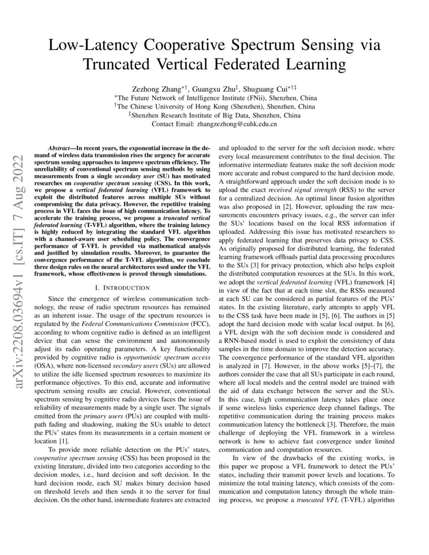 Low Latency Cooperative Spectrum Sensing Via Truncated Vertical Federated Learning Deepai