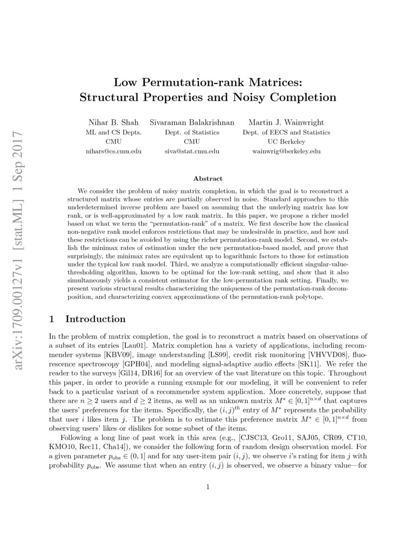 Low Permutation Rank Matrices Structural Properties And Noisy