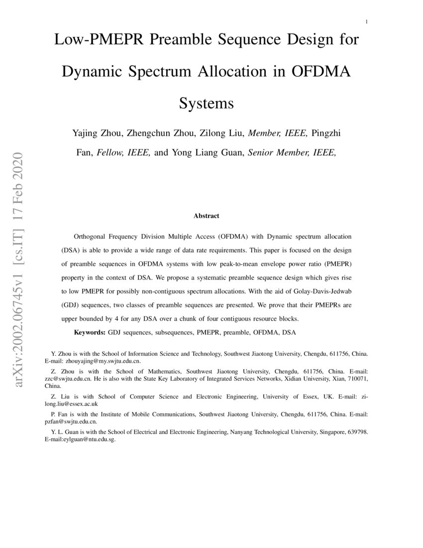 Low-PMEPR Preamble Sequence Design for Dynamic Spectrum Allocation in ...
