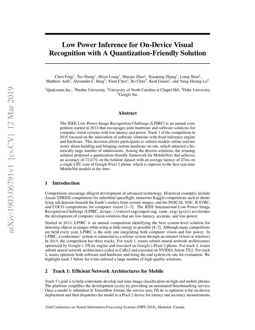 Low Power Inference For On Device Visual Recognition With A Quantization Friendly Solution Deepai
