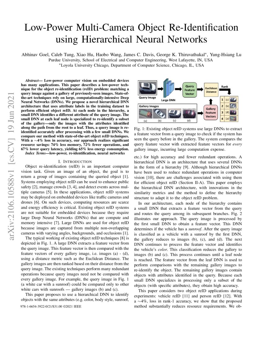 Low-Power Multi-Camera Object Re-Identification using Hierarchical Neural Networks | DeepAI