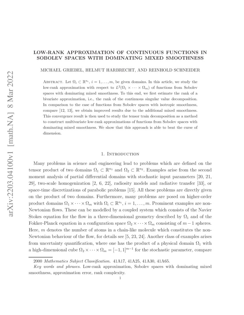 Low Rank Approximation Of Continuous Functions In Sobolev Spaces With Dominating Mixed