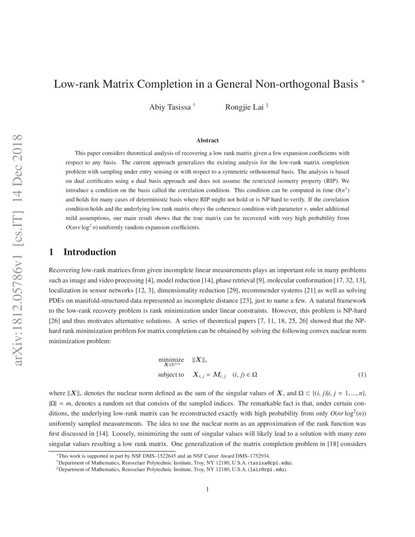 Low-rank Matrix Completion in a General Non-orthogonal Basis | DeepAI
