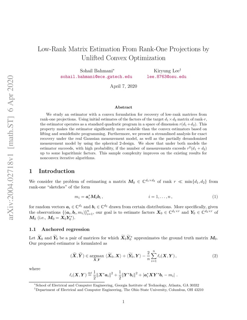 Low Rank Matrix Estimation From Rank One Projections By Unlifted Convex Optimization Deepai