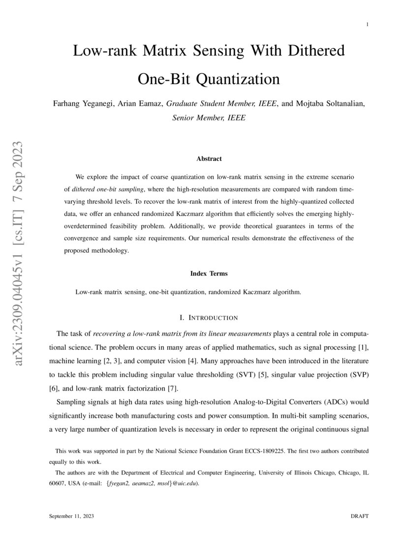 Low-rank Matrix Sensing With Dithered One-Bit Quantization | DeepAI