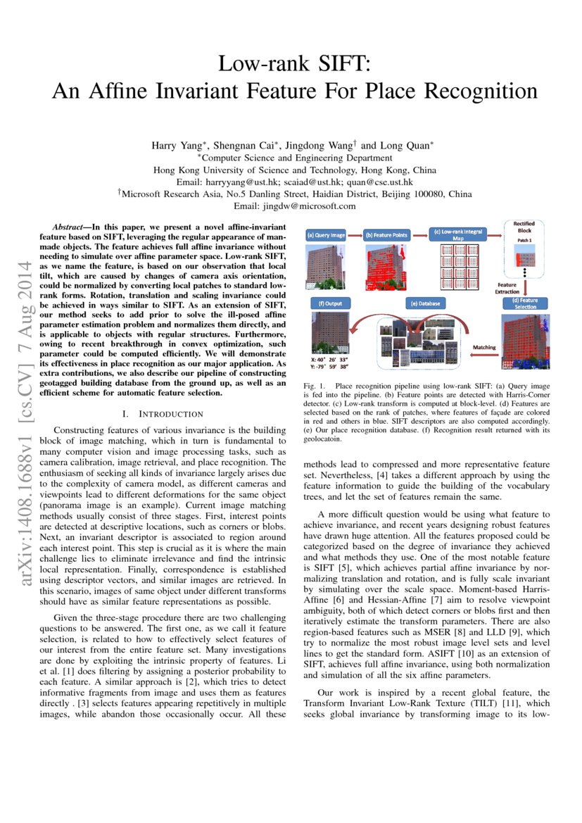 Low-rank SIFT: An Affine Invariant Feature for Place Recognition | DeepAI