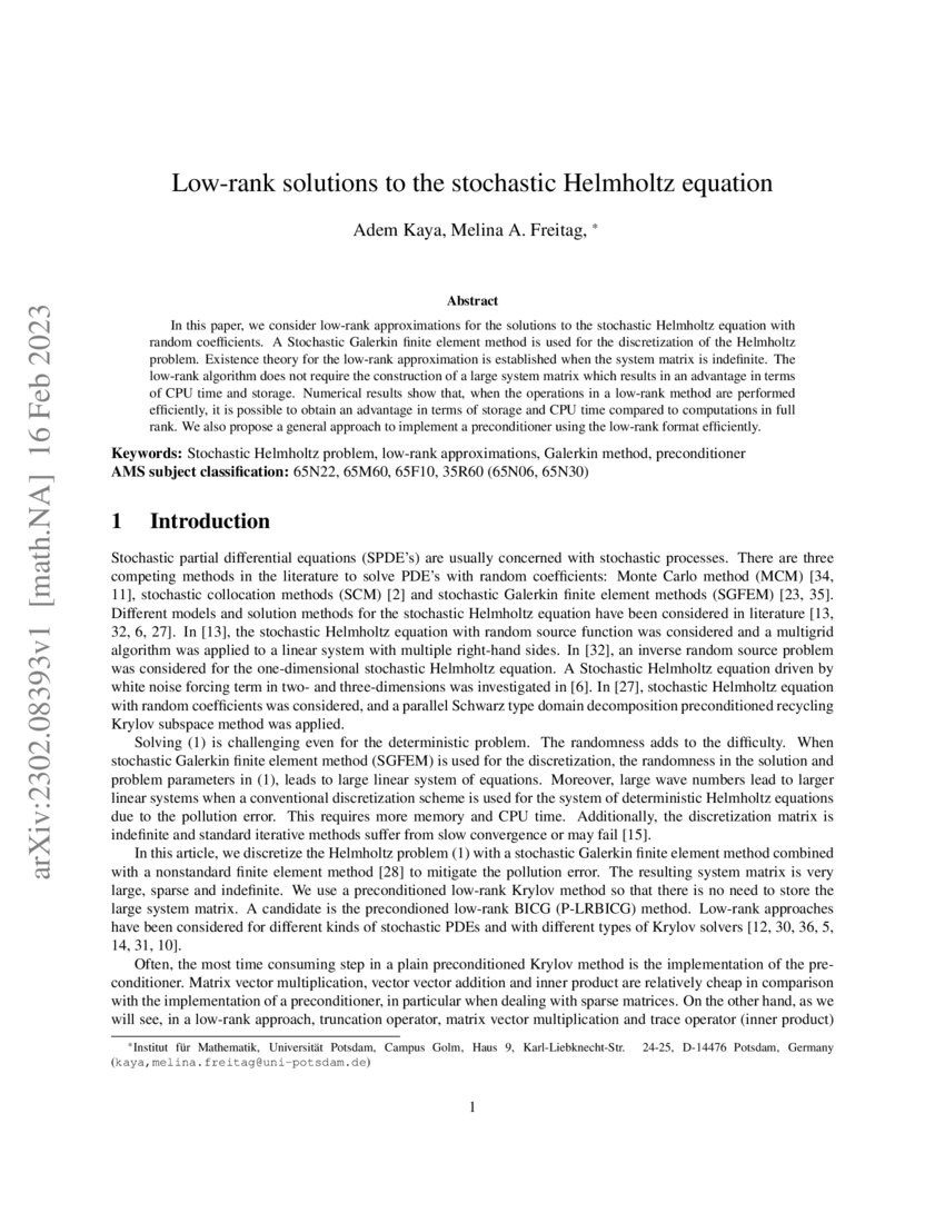 Low Rank Solutions To The Stochastic Helmholtz Equation Deepai