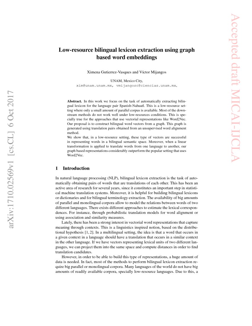 Low Resource Bilingual Lexicon Extraction Using Graph Based Word Embeddings Deepai