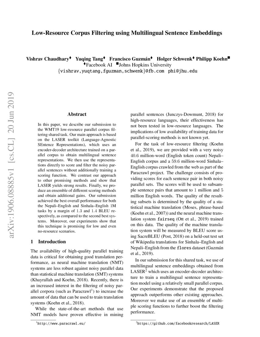 Low-Resource Corpus Filtering using Multilingual Sentence Embeddings | DeepAI