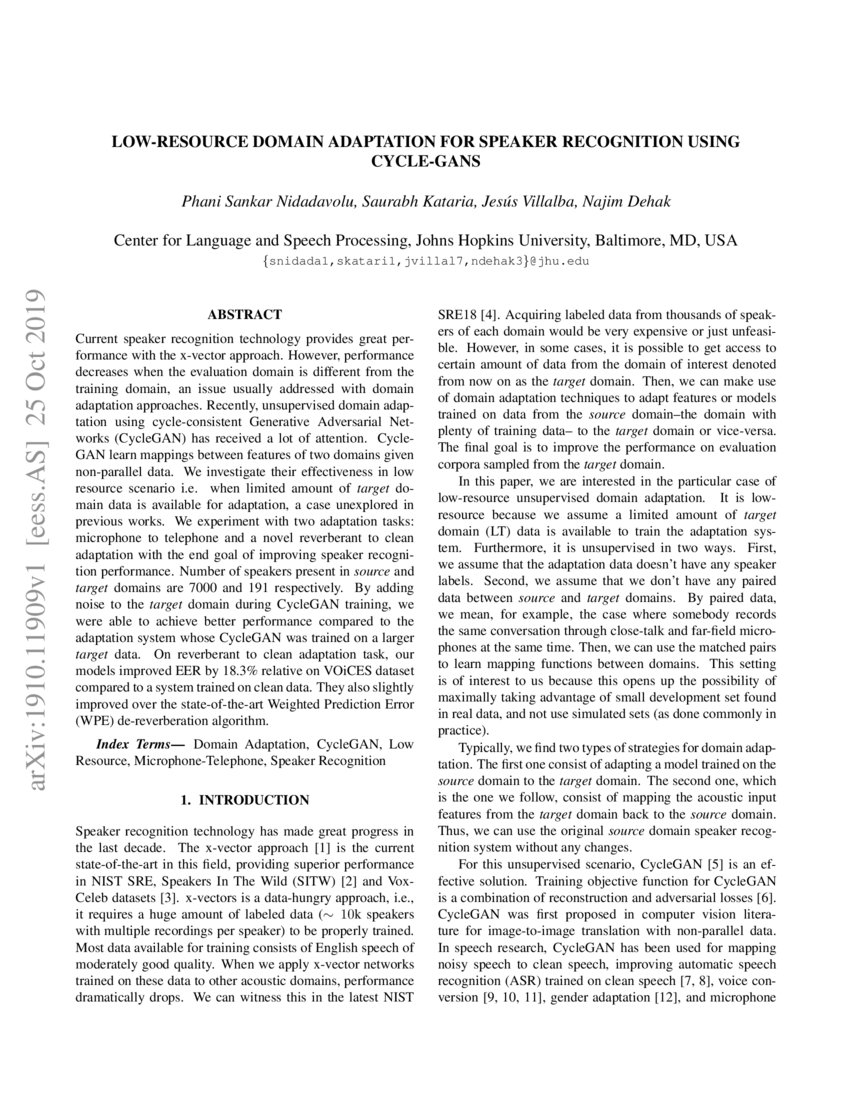 Low-Resource Domain Adaptation for Speaker Recognition Using Cycle-GANs | DeepAI