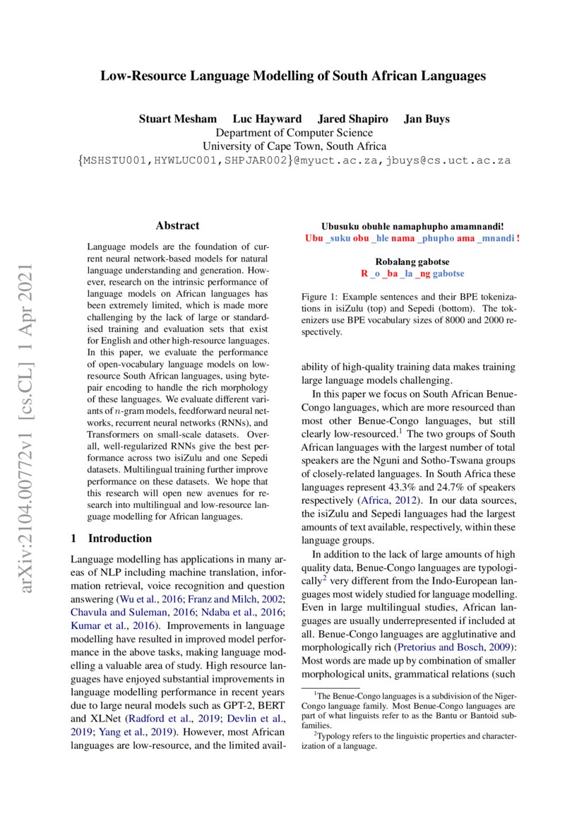 Low-Resource Language Modelling of South African Languages | DeepAI