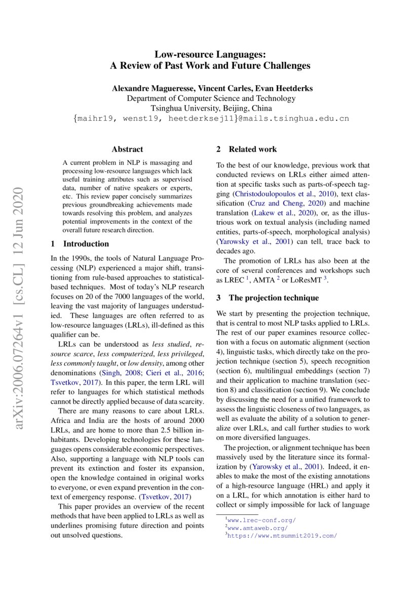 Low-resource Languages: A Review of Past Work and Future Challenges | DeepAI