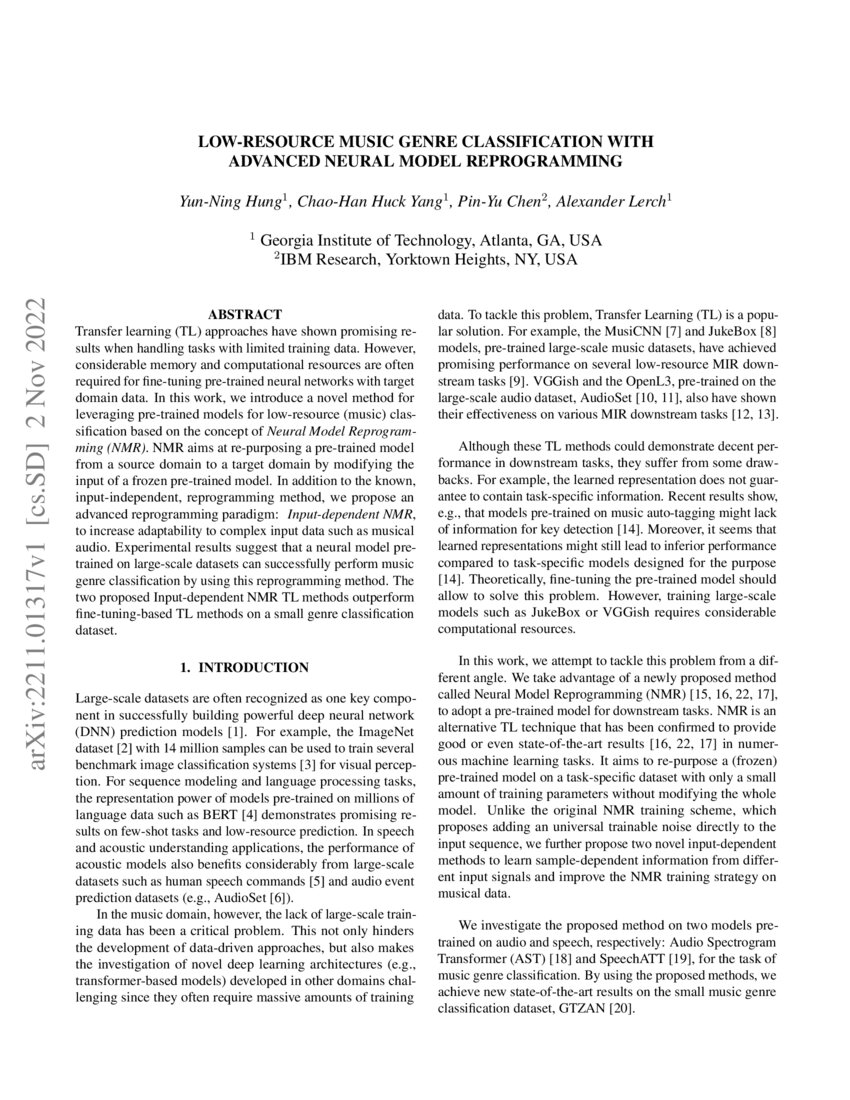 Low Resource Music Genre Classification With Advanced Neural Model Reprogramming Deepai