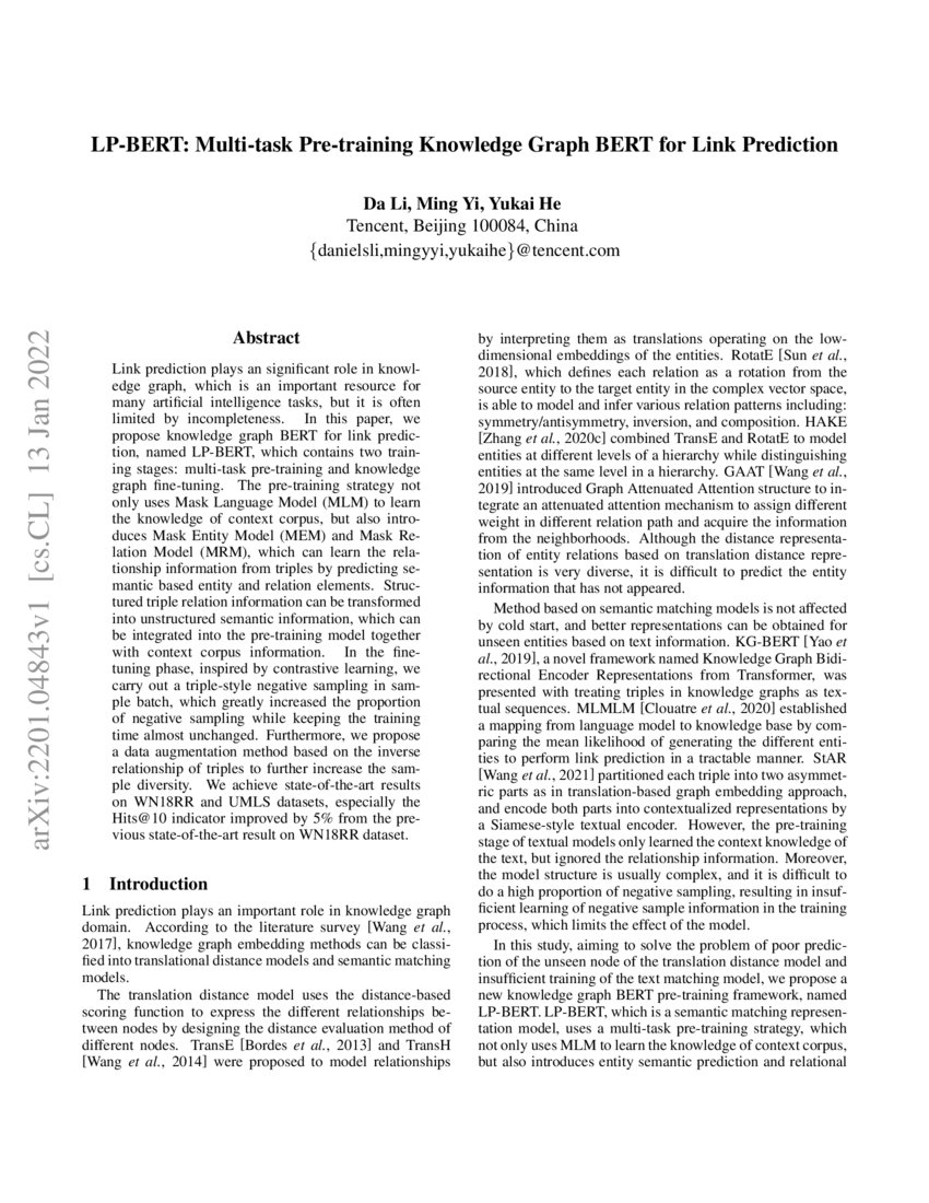 LP-BERT: Multi-task Pre-training Knowledge Graph BERT for Link Prediction | DeepAI