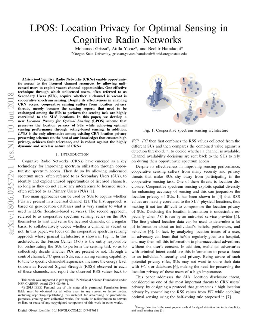 LPOS: Location Privacy for Optimal Sensing in Cognitive Radio Networks ...