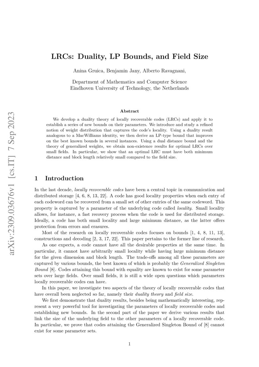 LRCs: Duality, LP Bounds, and Field Size | DeepAI