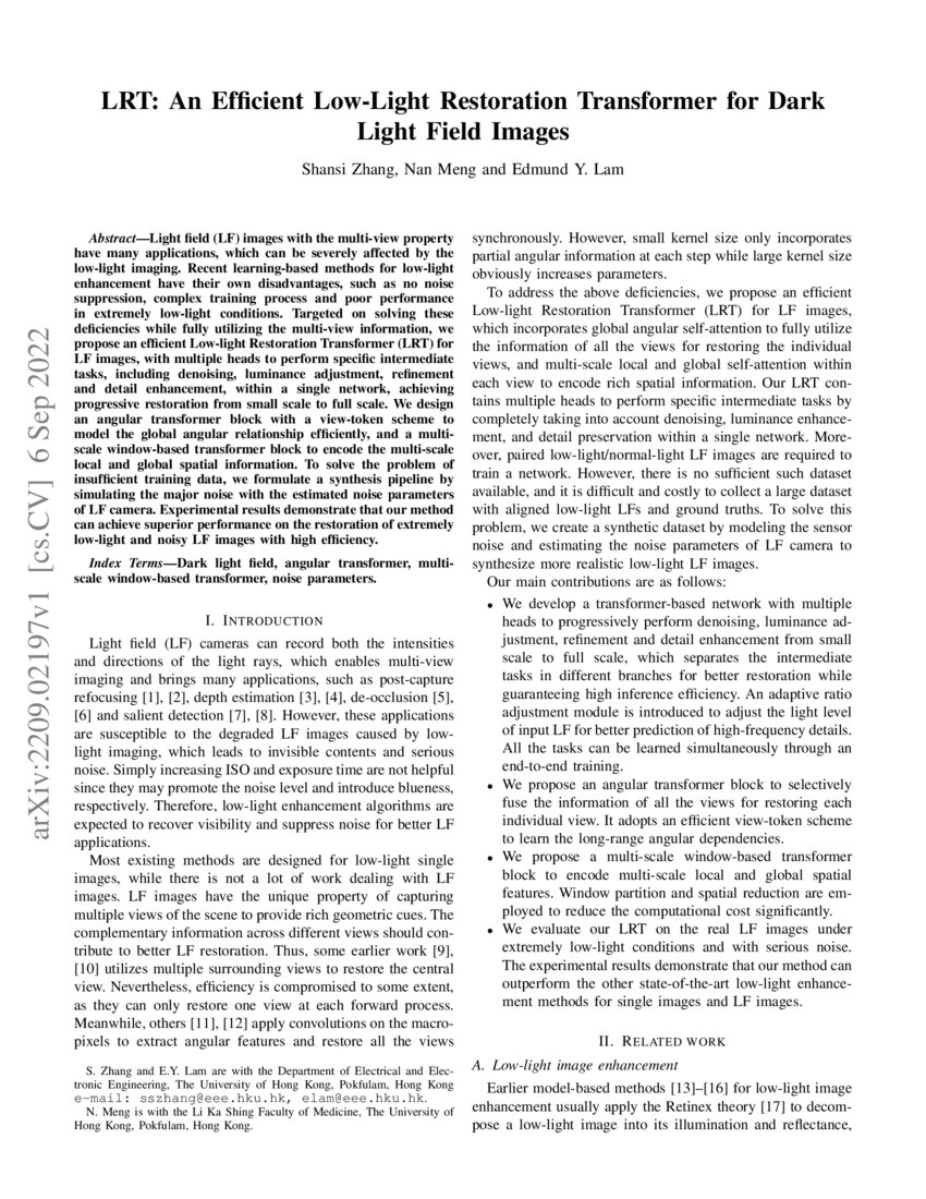 LRT: An Efficient Low-Light Restoration Transformer for Dark Light Field Images | DeepAI