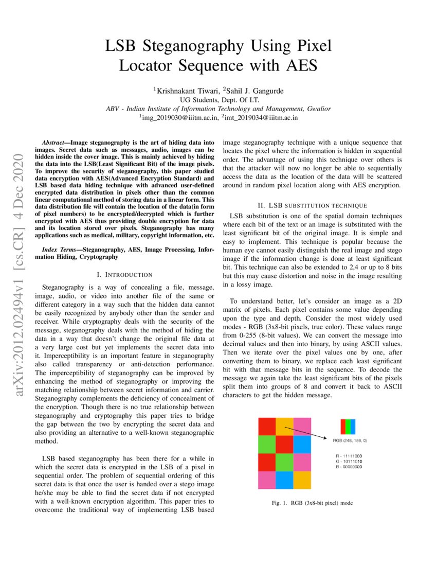 Lsb Steganography Using Pixel Locator Sequence With Aes Deepai