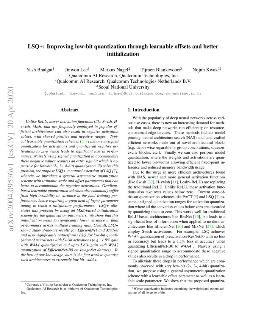 LSQ+: Improving low-bit quantization through learnable offsets and ... LSQ+: Improving low-bit quantization through learnable offsets and ...