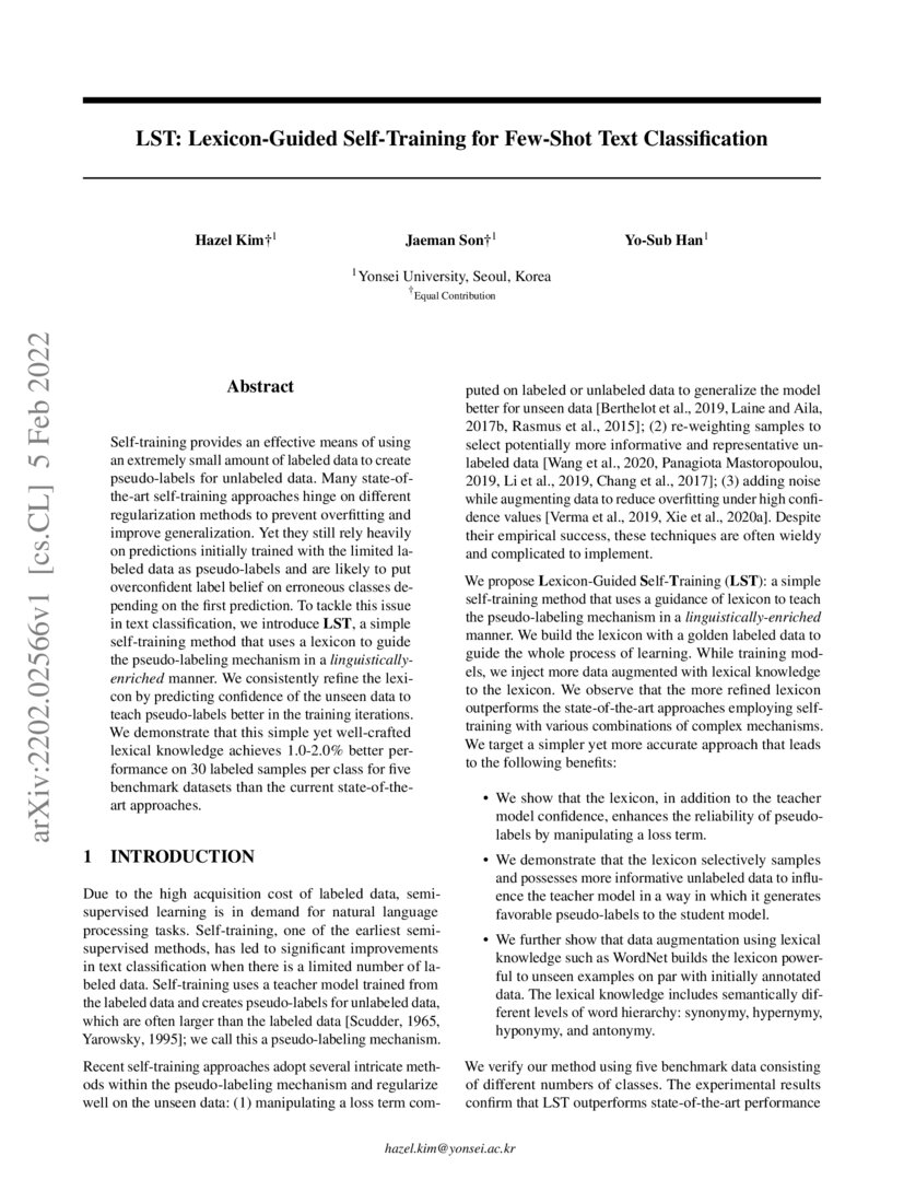 LST: Lexicon-Guided Self-Training for Few-Shot Text Classification | DeepAI