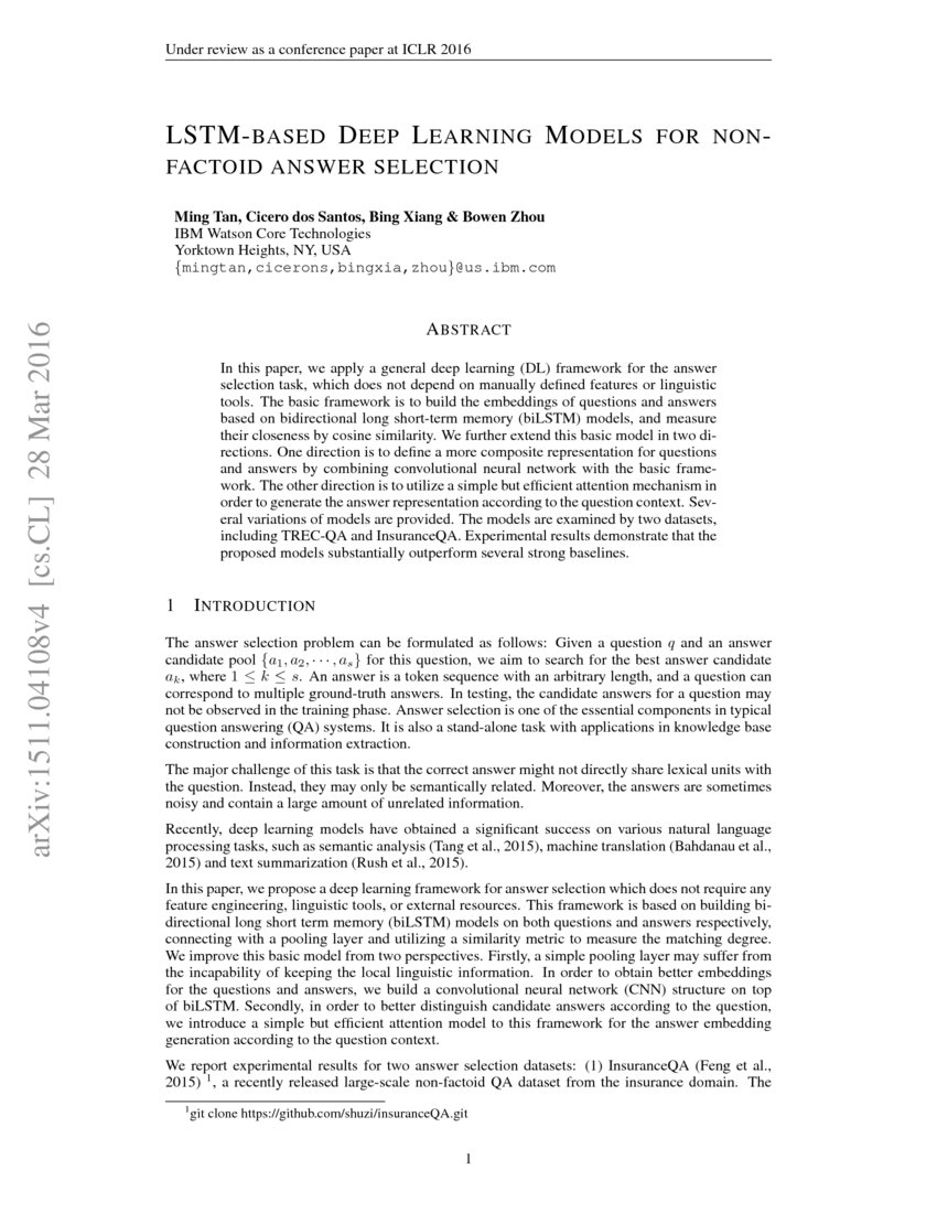 Lstm Based Deep Learning Models For Non Factoid Answer Selection Deepai