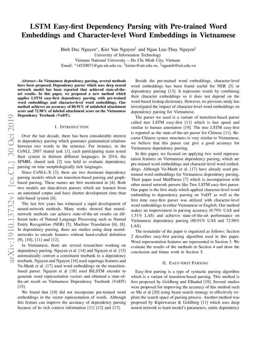 LSTM Easy-first Dependency Parsing with Pre-trained Word Embeddings and Character-level Word ...