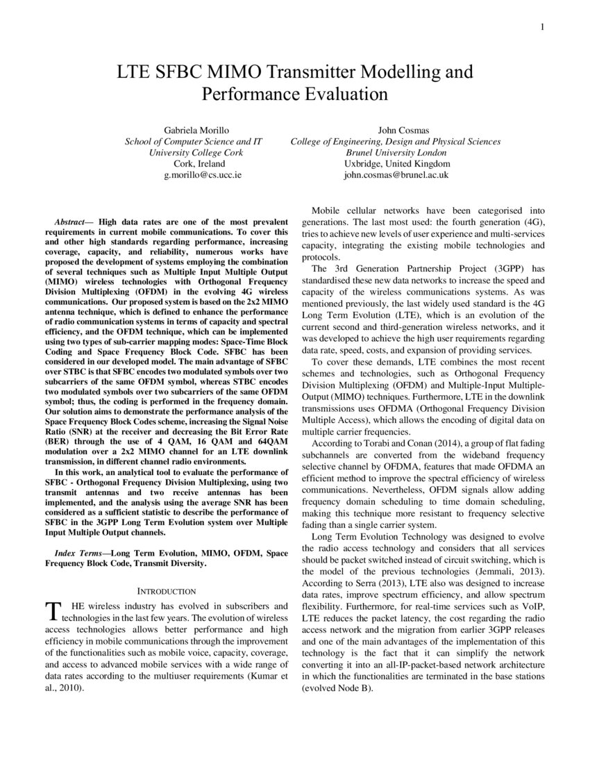 Lte Sfbc Mimo Transmitter Modelling And Performance Evaluation Deepai