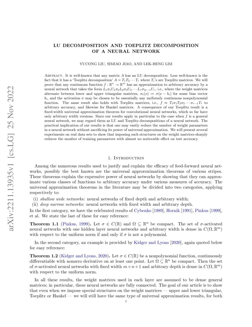 Lu Decomposition And Toeplitz Decomposition Of A Neural Network Deepai