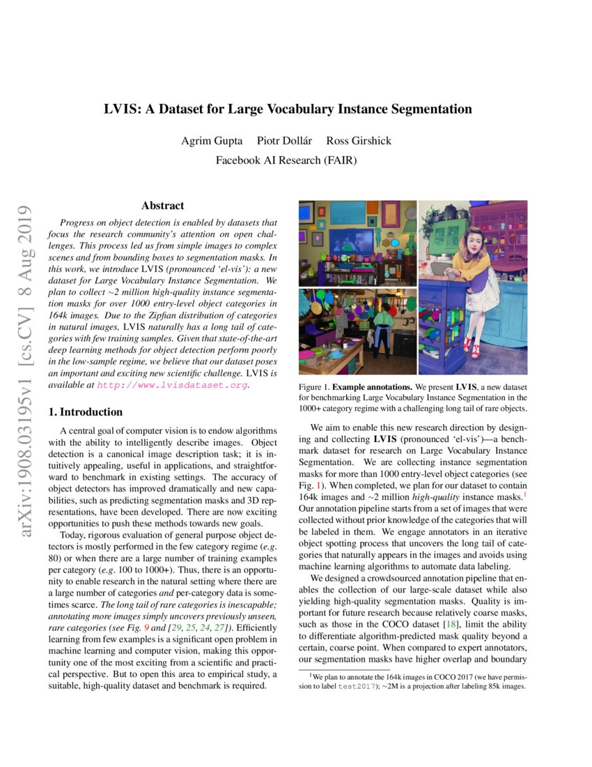Lvis A Dataset For Large Vocabulary Instance Segmentation Deepai