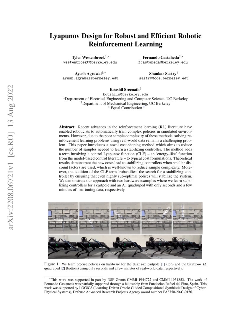 Lyapunov Design for Robust and Efficient Robotic Reinforcement Learning | DeepAI