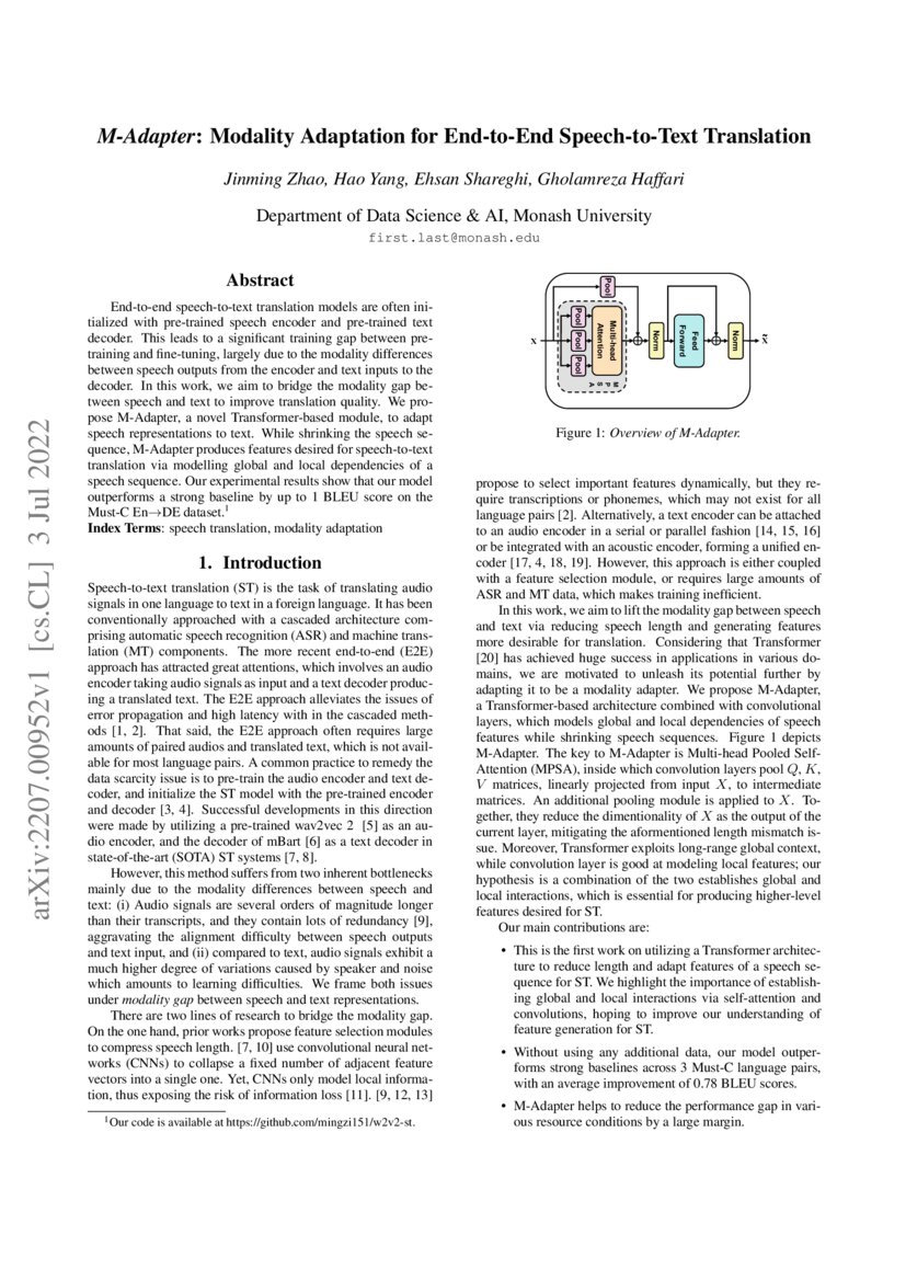 M-Adapter: Modality Adaptation for End-to-End Speech-to-Text ...